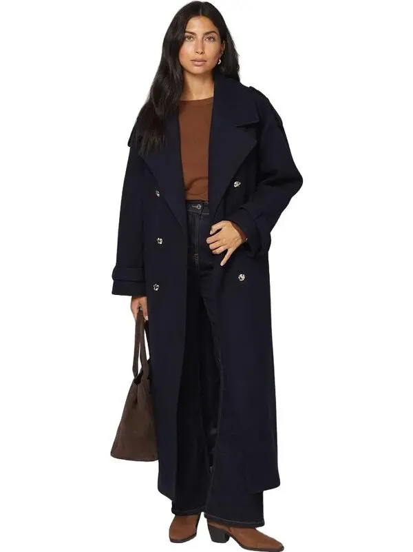 WALLIS Wide Lapel Trench Coat - Navy