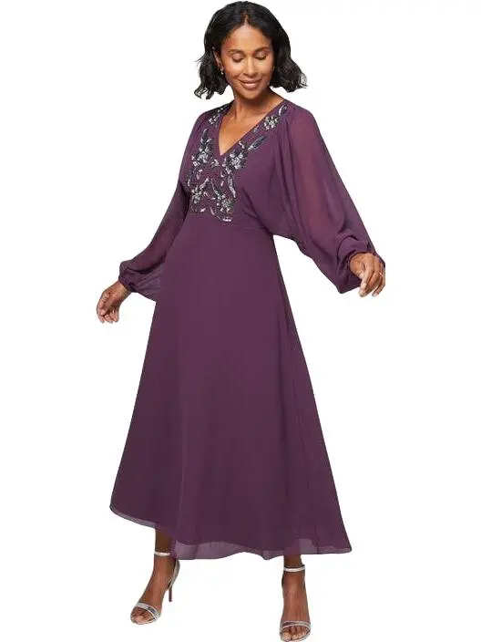 WALLIS Embellished Balloon Sleeve Midi Dress - Plum
