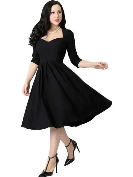 Unique Vintage Sweetheart Swing Dress - Black Pleated