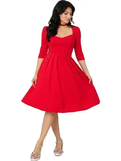 Unique Vintage Sweetheart Swing Dress - Red Solid