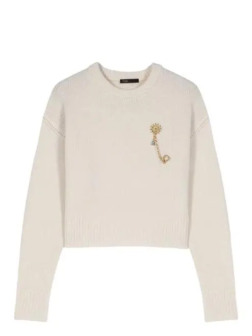 Maje Floral Brooch Wool And Cashmere Sweater - Ecru