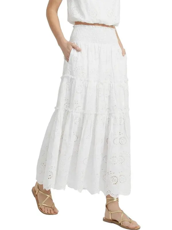 CHANGE OF SCENERY Eyelet Embroidered Smock Waist Slit Skirt - White