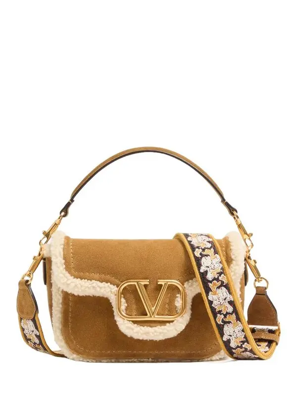 Valentino Garavani Alltime Suede Shoulder Bag With Embroidered Strap - Havana Beige