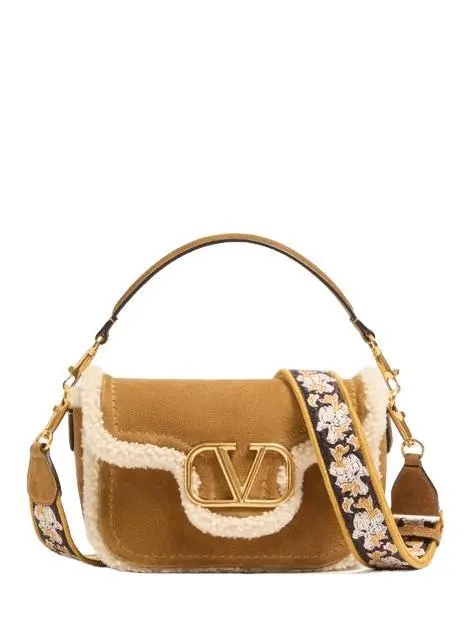 Valentino Garavani Alltime Suede Shoulder Bag With Embroidered Strap - Havana Beige