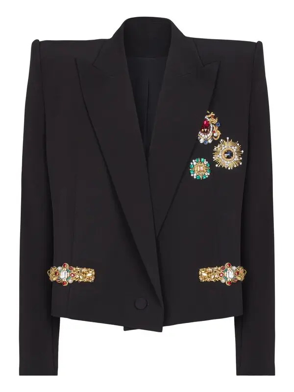 Balmain Cropped Embroidered Jacket - Black