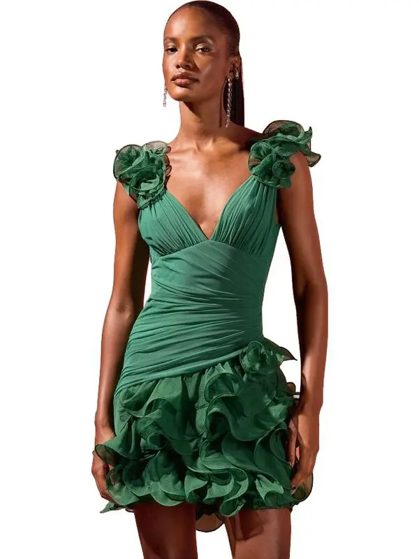 PatBO Silk Plisse Essence Flutter Mini Dress - Green