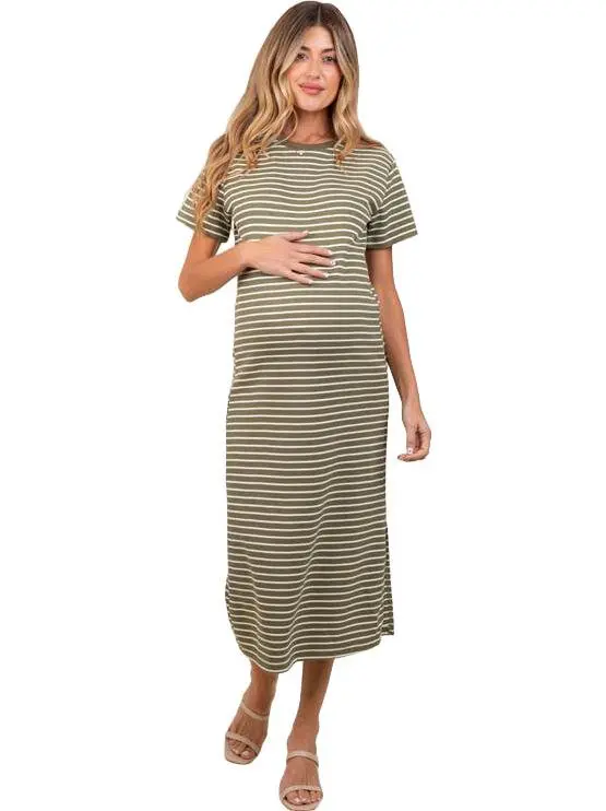 PINKBLUSH Striped Short Sleeve Maternity Midi Dress - Olive Green