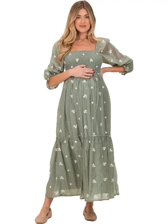 PINKBLUSH Floral Embroidered Smocked 3/4 Sleeve Midi Dress - Light Olive