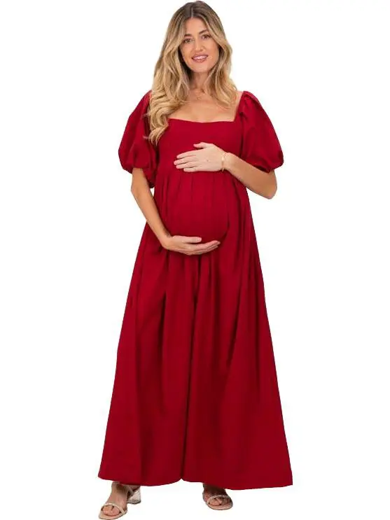 PINKBLUSH Square Neck Puff Sleeve Maxi Dress - Burgundy