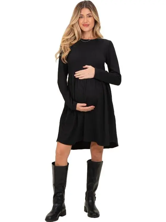 PINKBLUSH Textured Rib Long Sleeve Maternity Dress - Black