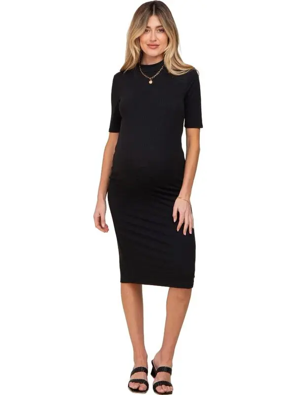 PINKBLUSH Ribbed Mock Neck Midi Dress - Black