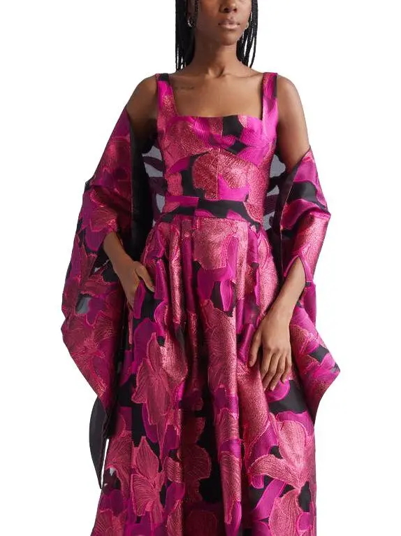 St. John Metallic Jacquard Organza Cape - Hot Pink