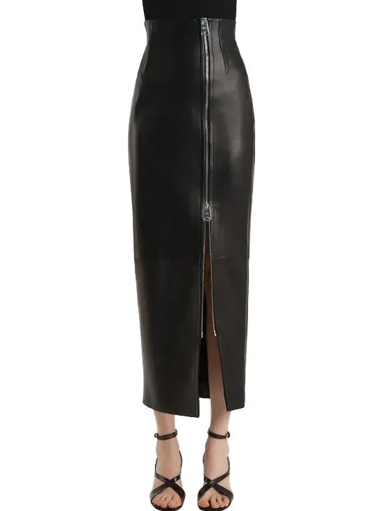 Khaite Gres Plongé Leather Pencil Skirt - Black