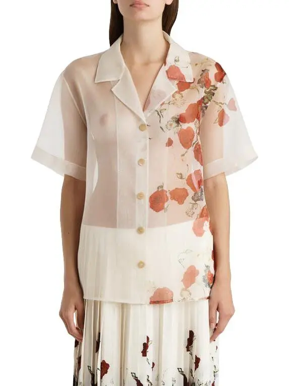 Khaite Riordan Floral Silk Organza Camp Shirt - Cream/red