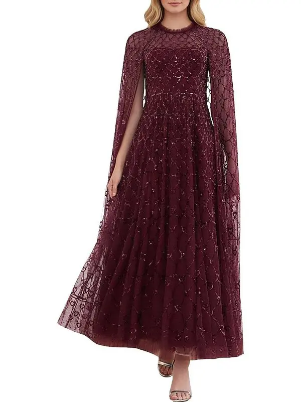 NEEDLE & THREAD Heart Lattice Cape Ankle Gown - Claret