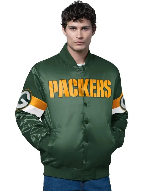 STARTER Bay Packers Triple Option Satin Varsity Jacket - Green