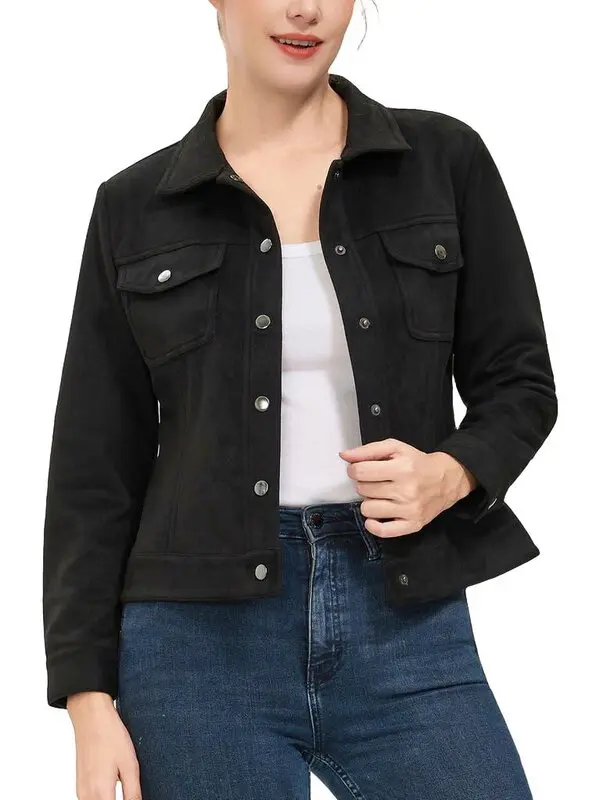 KIMI + KAI Faux Suede Trucker Jacket - Black