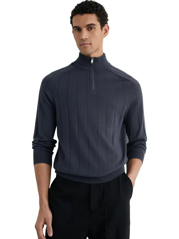 REISS Merino Wool Wide-rib Half-zip Jumper - Airforce Blue