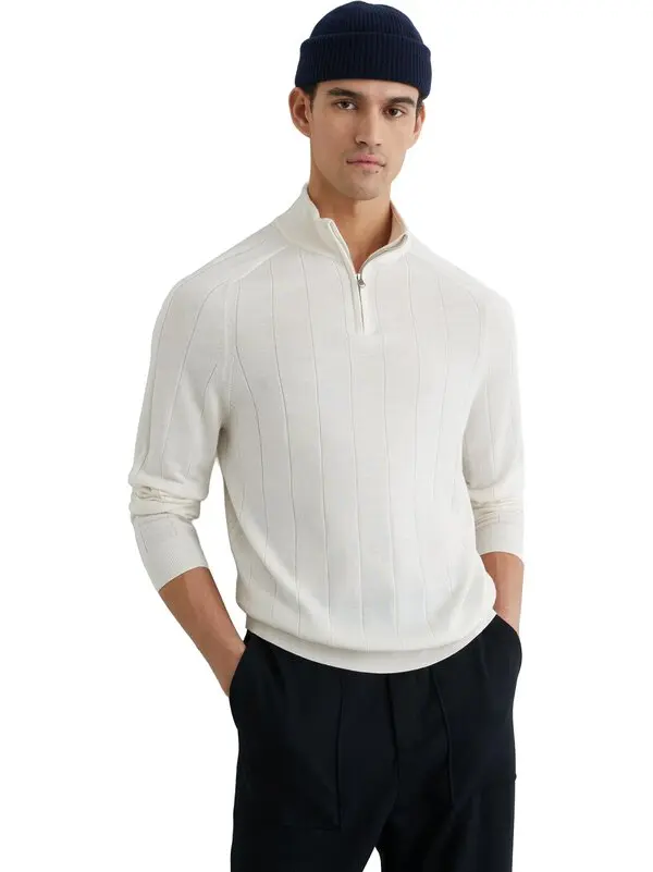 REISS Merino Wool Wide-rib Half-zip Jumper - Snow White