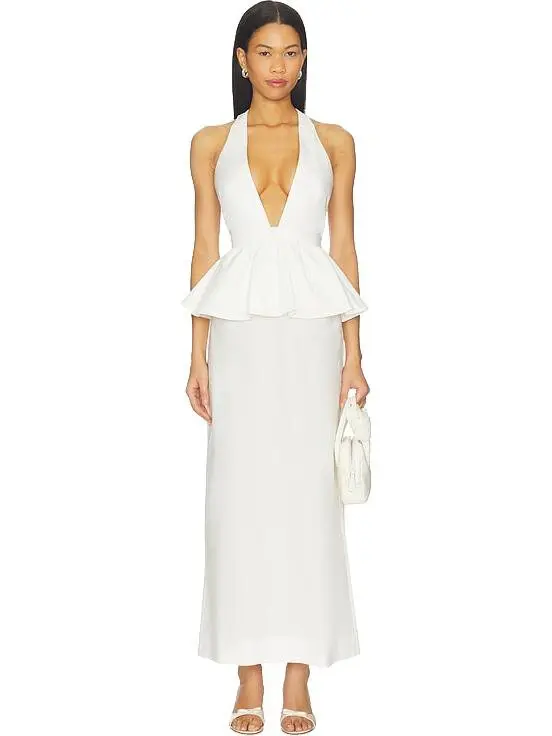 ADRIANA DEGREAS Solid Deep-v Peplum Maxi Dress - Off-white