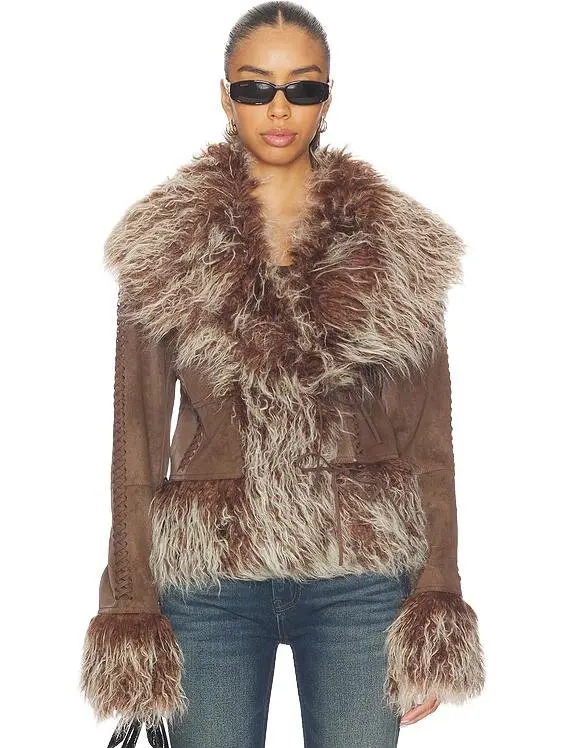 JADED LONDON Mongolian Faux Fur Jacket - Brown