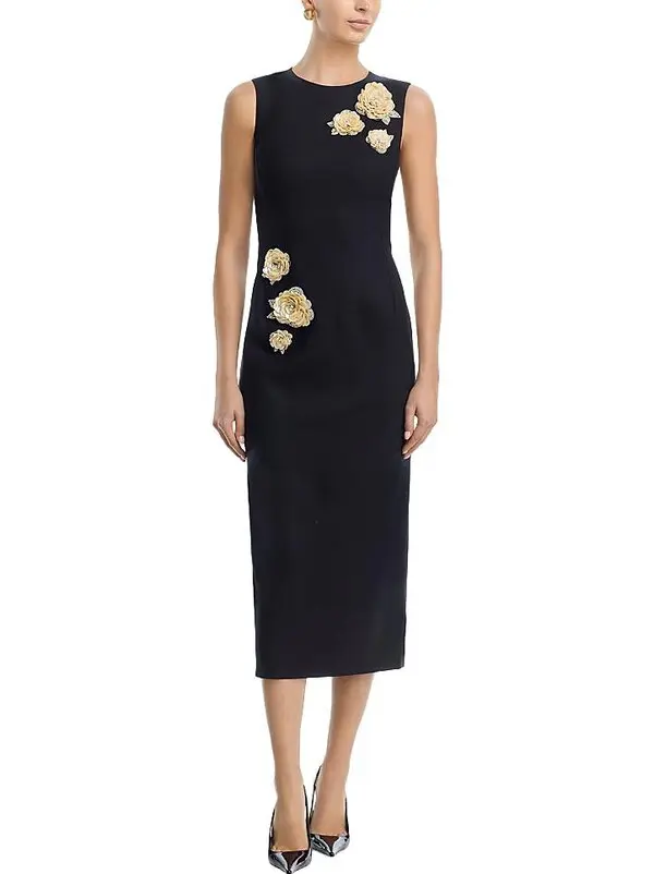 Oscar De La Renta Embroidered Brooch Stretch Wool Cocktail Dress - Black