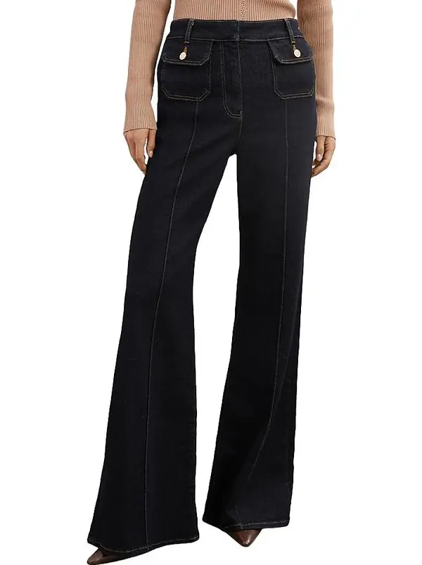 REISS High Rise Flare Jeans With Button Detail - Dark Blue