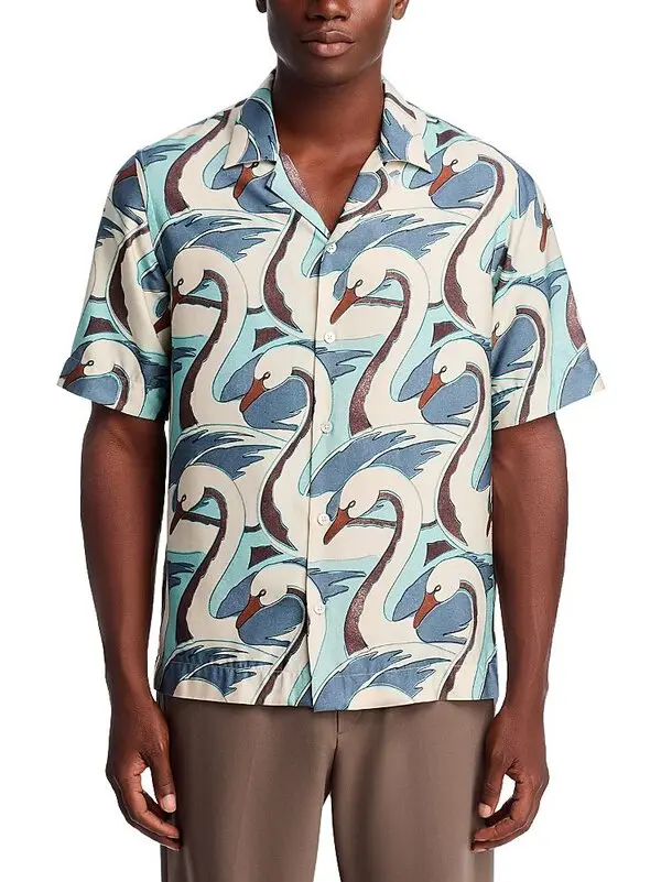 Paul Smith Swan Print Short Sleeved Regular Fit Button Down Shirt - Light Blue