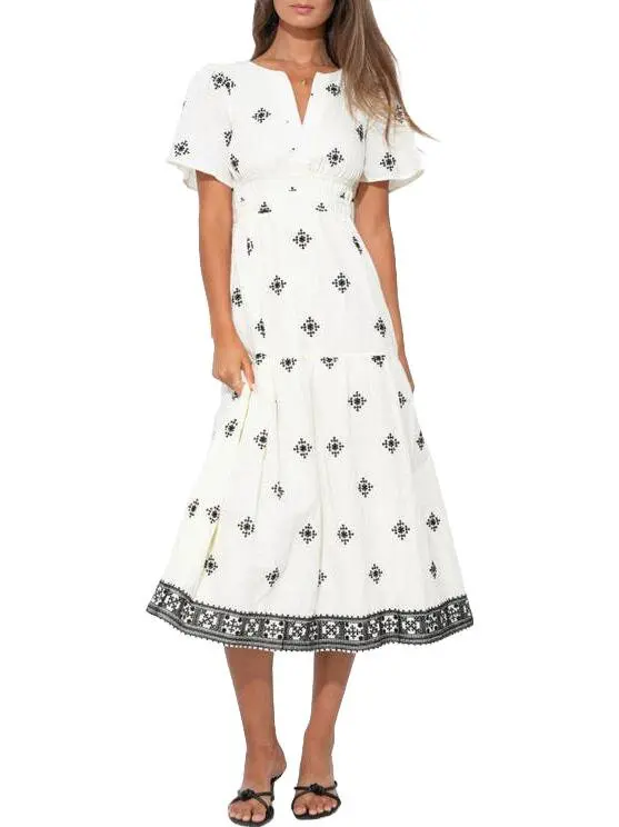 Adelyn Rae Elani Embroidered Cotton Midi Dress - Ivory/black