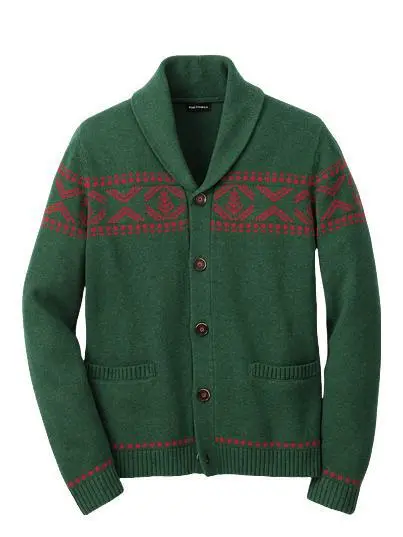 PAUL FREDRICK Cotton Fair Isle Shawl Collar Cardigan Sweater - Green