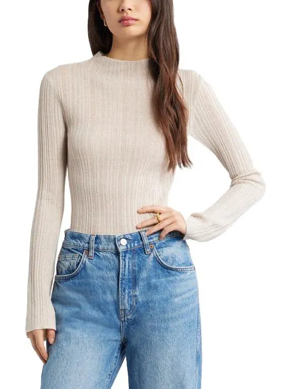 OPEN EDIT Open Stitch Linen Blend Mock Neck Sweater - Beige Pumice