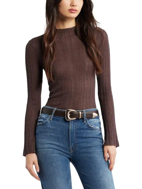 OPEN EDIT Open Stitch Linen Blend Mock Neck Sweater - Brown Seal