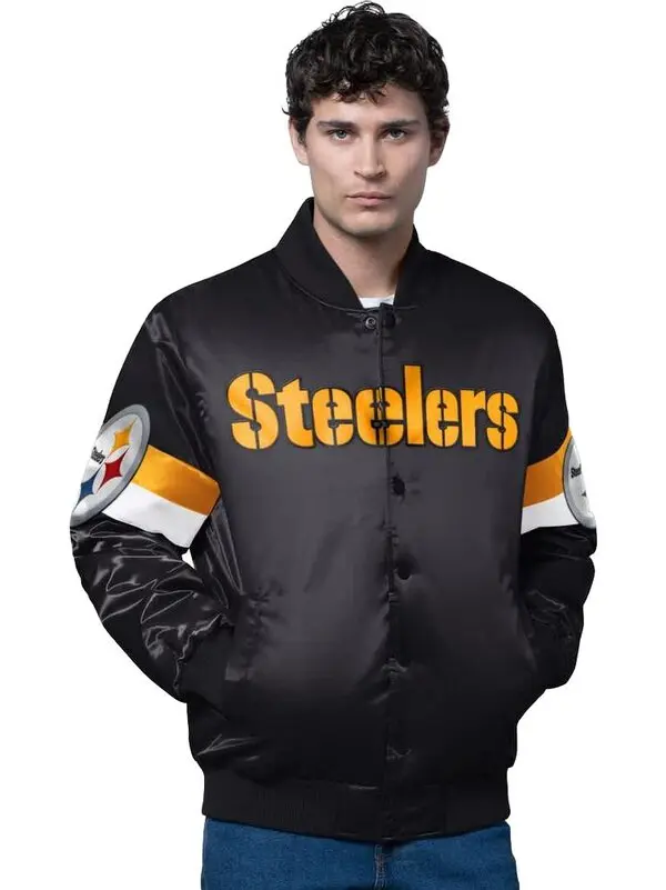 STARTER Pittsburgh Steelers Triple Option Satin Varsity Jacket - Black