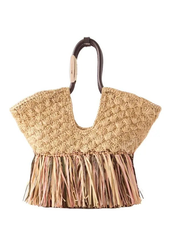 Zimmermann Goldentime Large Embellished Leather-trimmed Fringed Raffia Tote - Neutrals