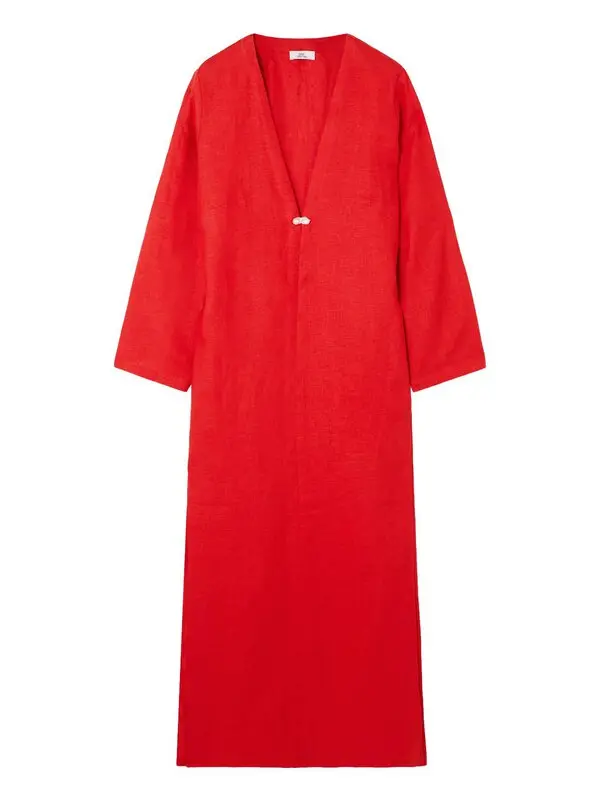 SARA CRISTINA Pearl-embellished Linen Kaftan - Red