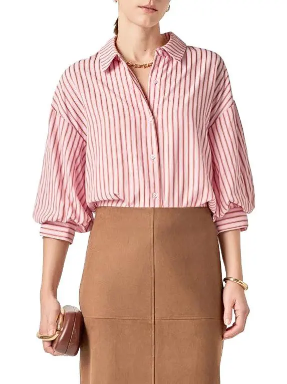 English Factory Stripe Balloon Sleeve Button-up Shirt - Pink/tan