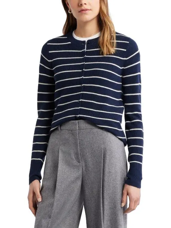 Caslon Crewneck Wool Blend Cardigan - Navy- Ivory Lucille Stripe