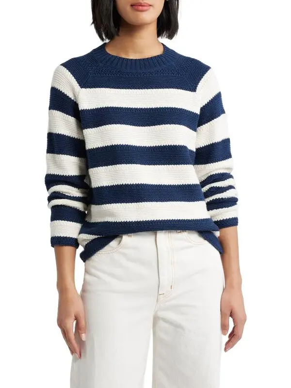 Caslon Stripe Lightweight Mix Stitch Sweater - Navy Still- Ivory Stripe