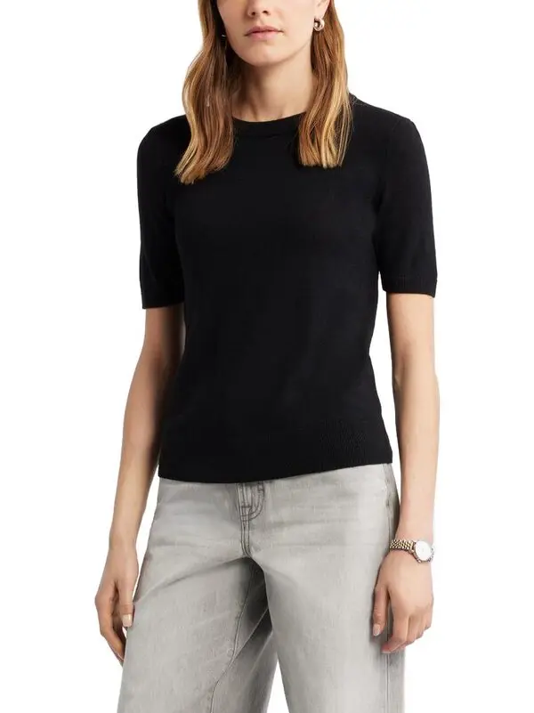 Caslon Short Sleeve Merino Wool Blend Sweater Top - Black