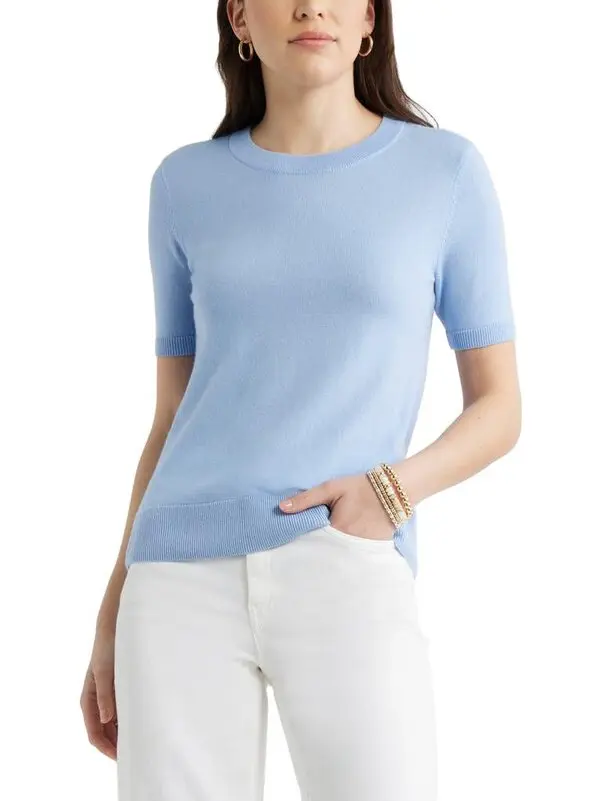 Caslon Short Sleeve Merino Wool Blend Sweater Top - Blue Windsurfer