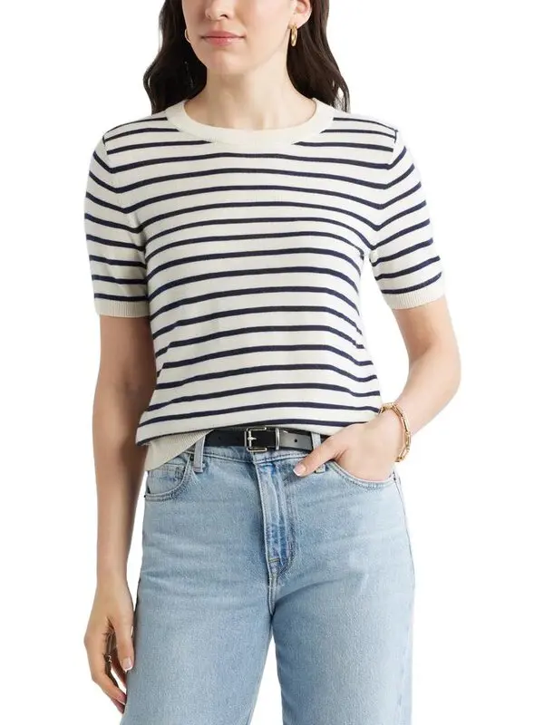 Caslon Short Sleeve Merino Wool Blend Sweater Top - Ivory- Navy Josephine Stripe