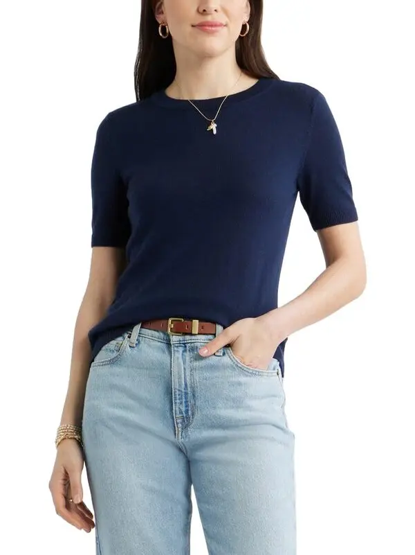 Caslon Short Sleeve Merino Wool Blend Sweater Top - Navy Still