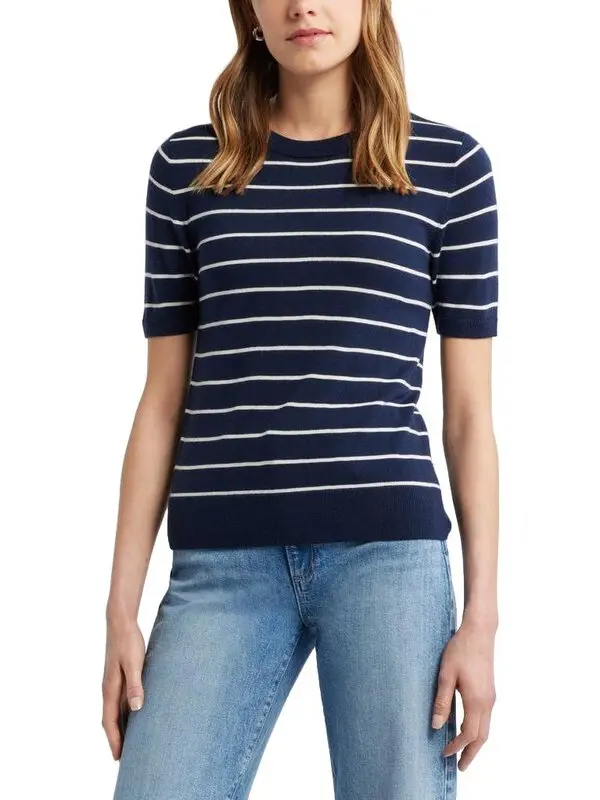 Caslon Short Sleeve Wool Blend Sweater Top - Navy- Ivory Lucille Stripe