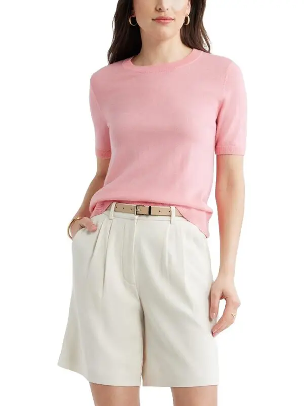 Caslon Short Sleeve Merino Wool Blend Sweater Top - Pink Dianthus