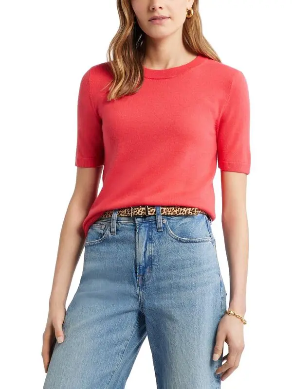 Caslon Short Sleeve Wool Blend Sweater Top - Red Geranium