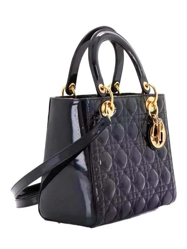 Dior Lady Cannage Quilt Patent Medium Satchel - Black