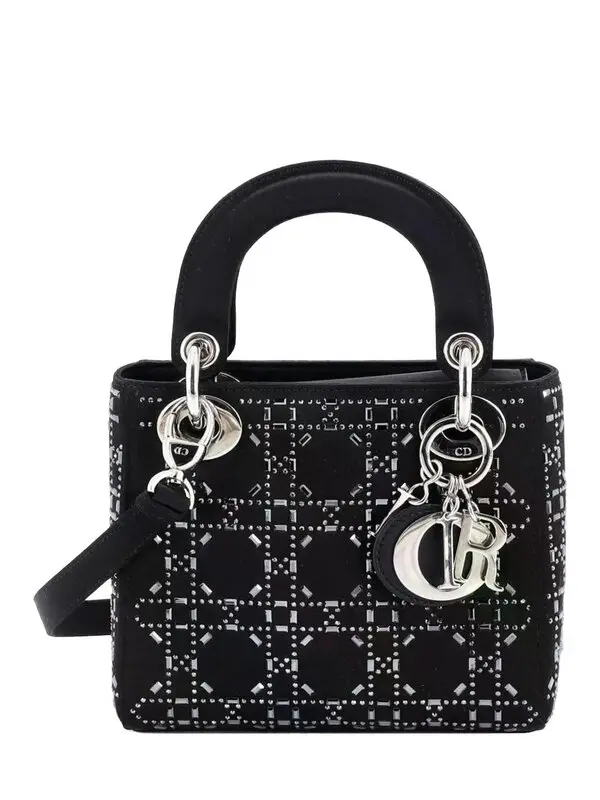 Dior Lady Mini Satchel Crystal Embellished Cannage Quilt Satin - Black