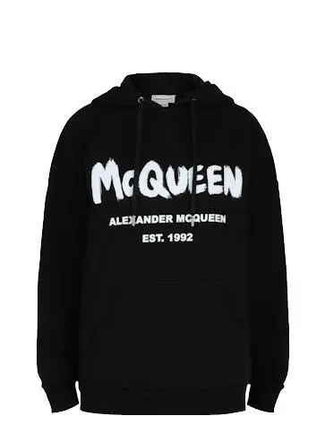 Alexander McQueen Hooded Sweatshirt With Graffiti Logo - Black White