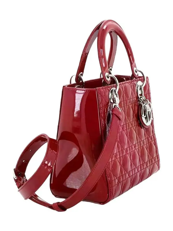 Dior Lady Medium Satchel Cannage Quilt Patent - Red