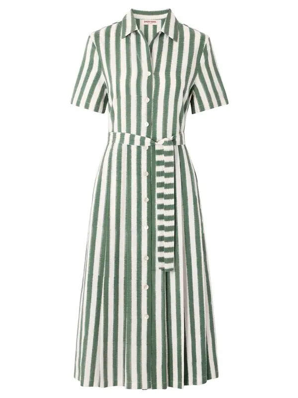 EMPORIO SIRENUSE Claudia Belted Striped Cotton Midi Dress - Green